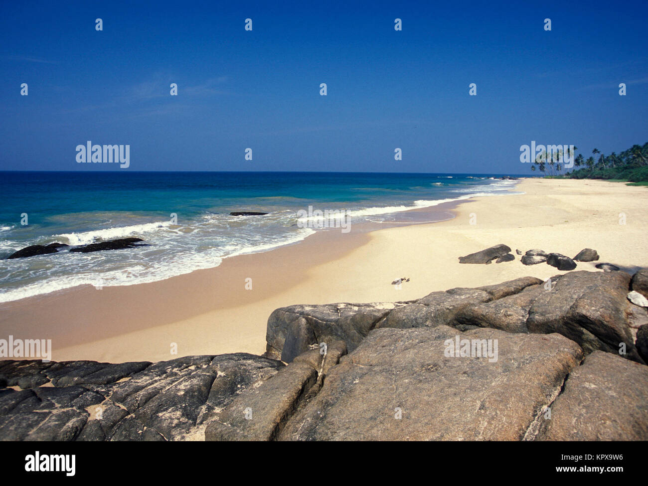 a beach at the coast of Hikaduwa at the westcoast of Sri Lanka in Asien ...