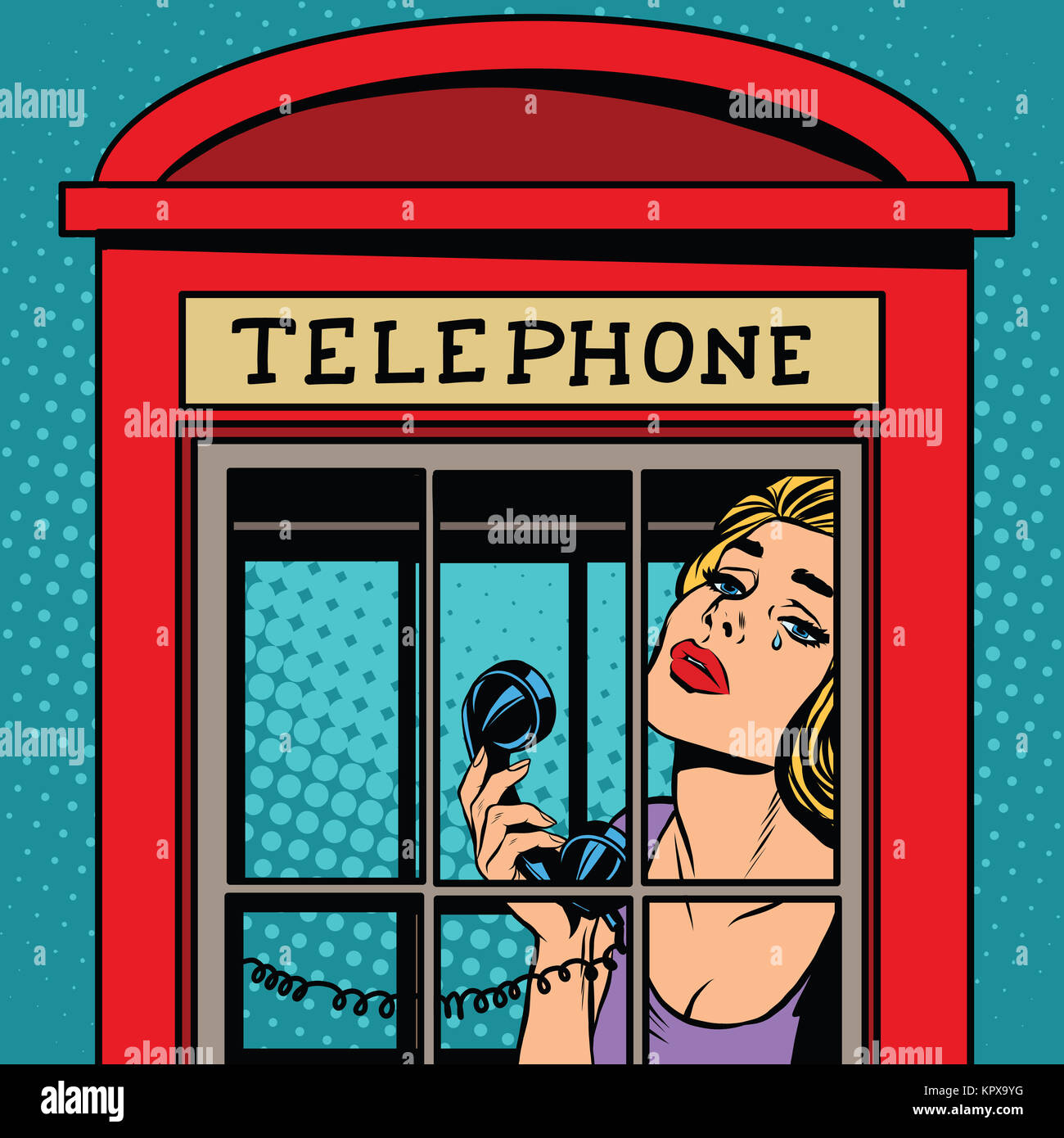 girl crying in the red telephone booth retro Stock Photo - Alamy