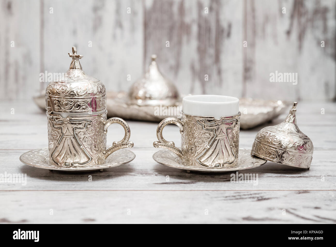 Traditional turkish coffee set white wooden background hi-res stock ...