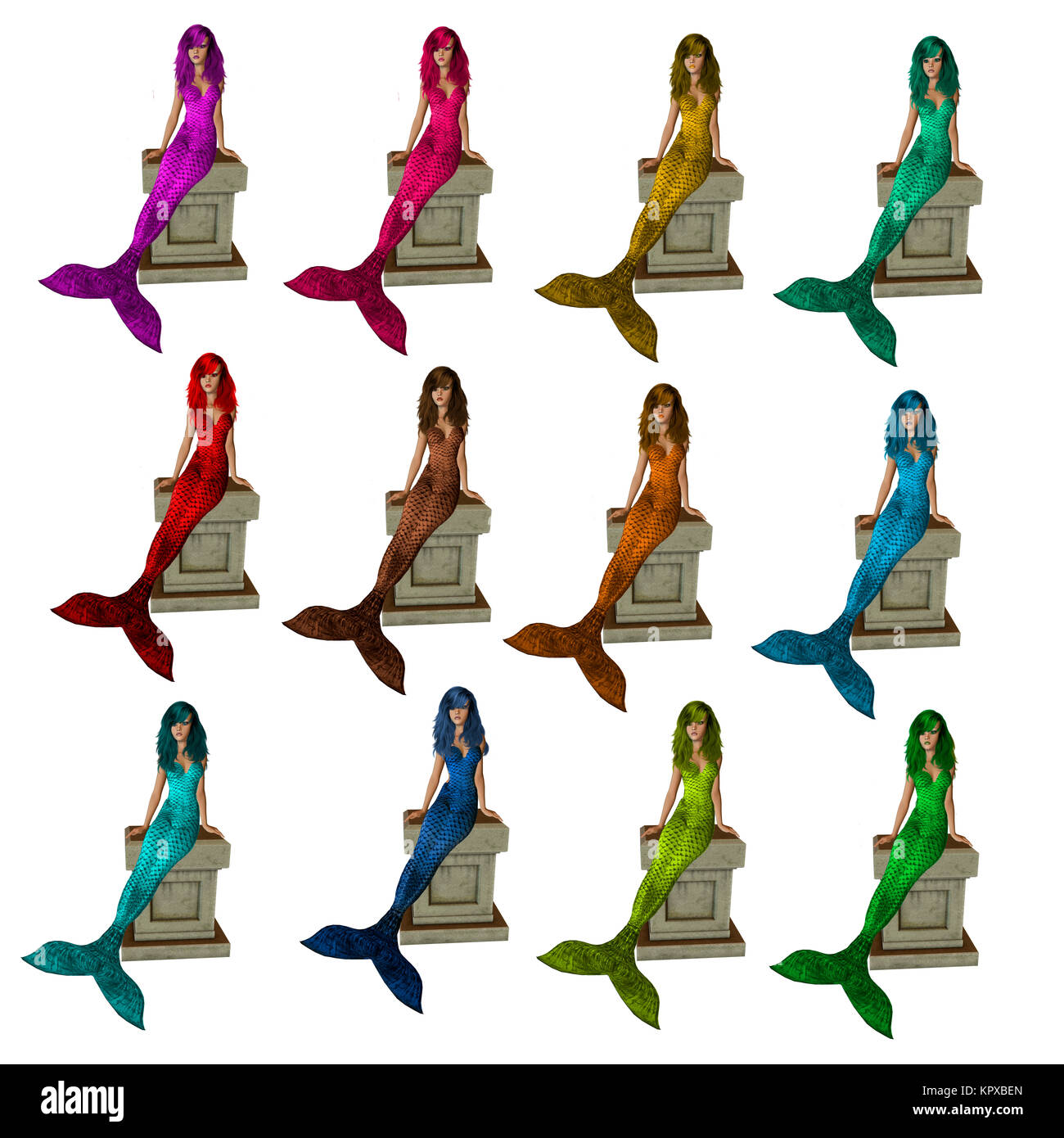 Mermaids sitting on a pedestal on a white background Stock Photo - Alamy
