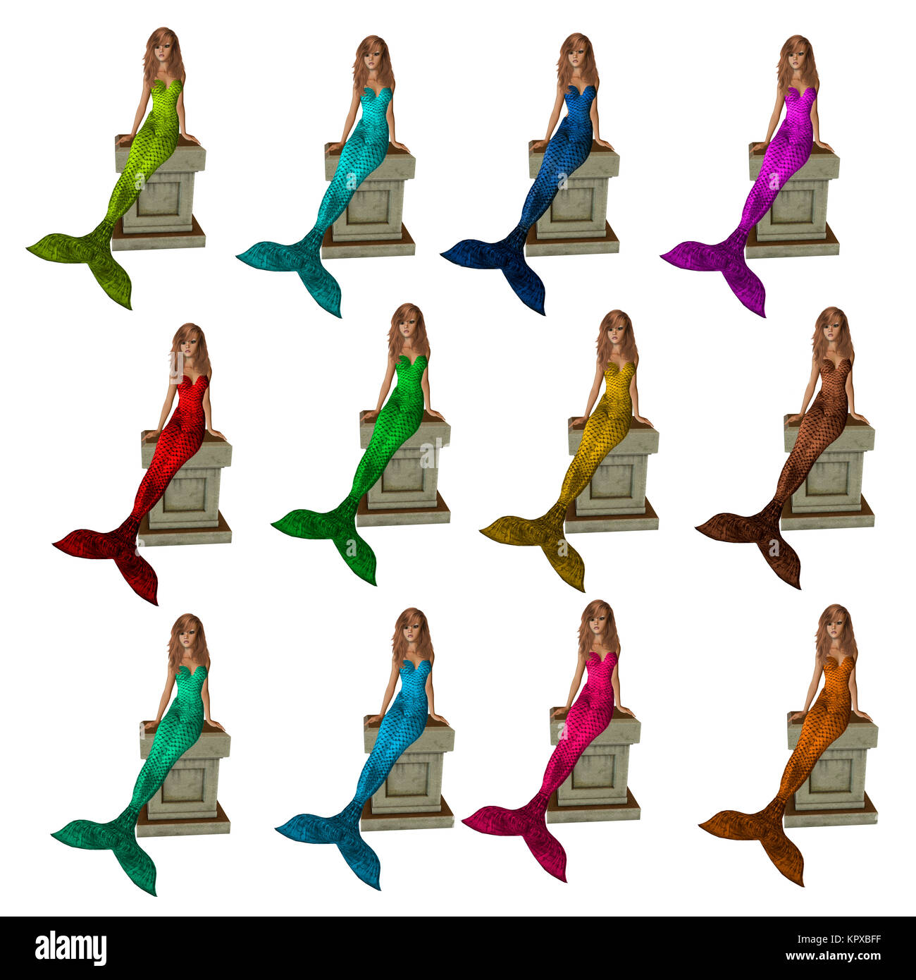 Mermaids sitting on a pedestal on a white background Stock Photo - Alamy