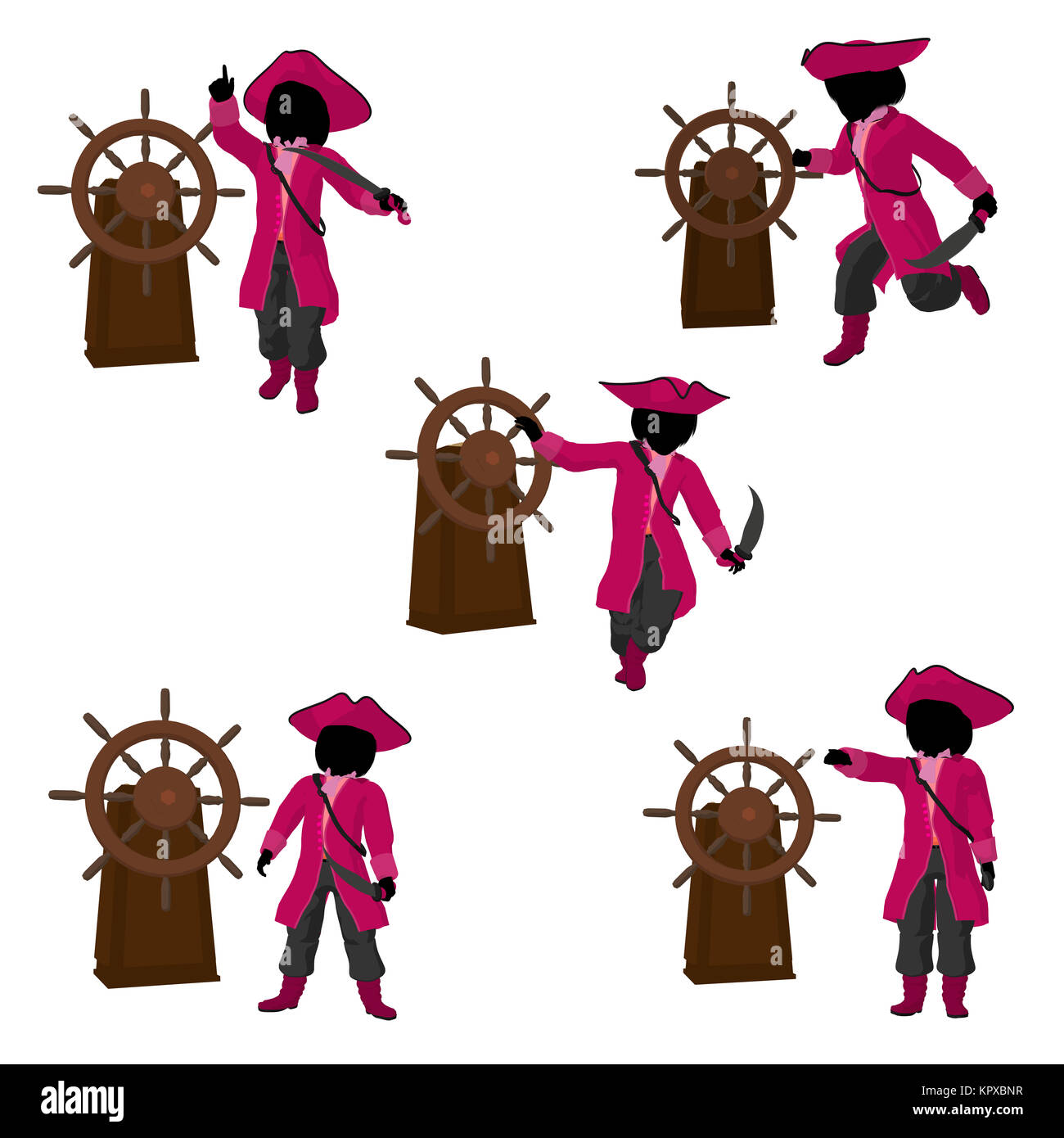 A teen pirate with a ship wheel on a white background Stock Photo - Alamy