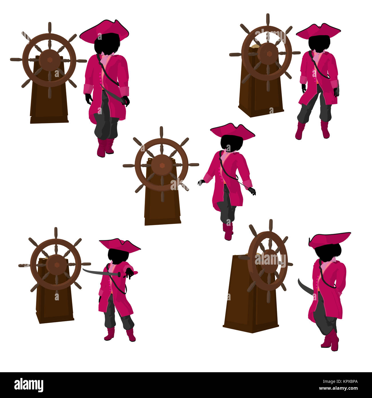 A teen pirate with a ship wheel on a white background Stock Photo - Alamy