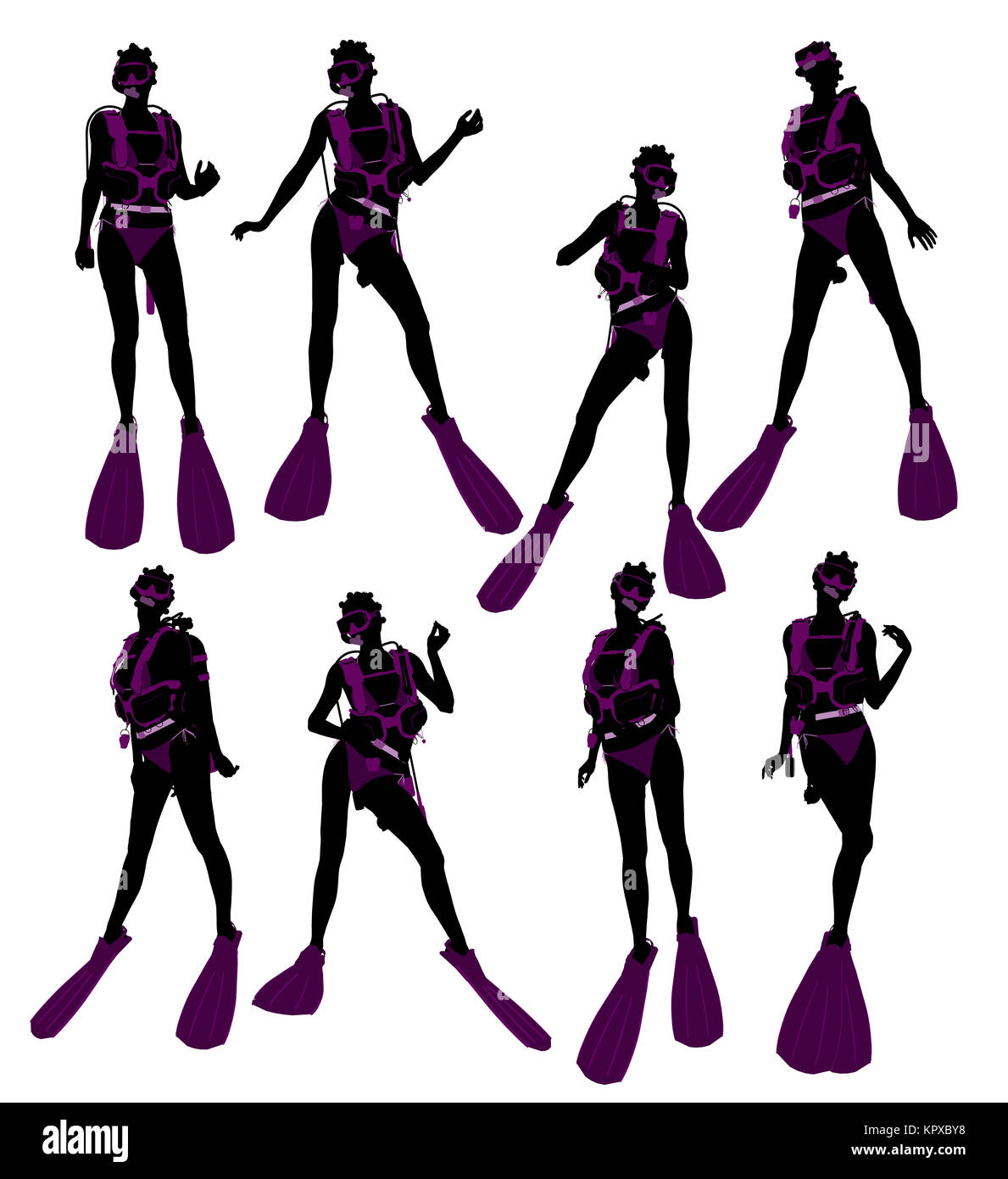 Female scuba diver art illustration silhouette on a white background ...