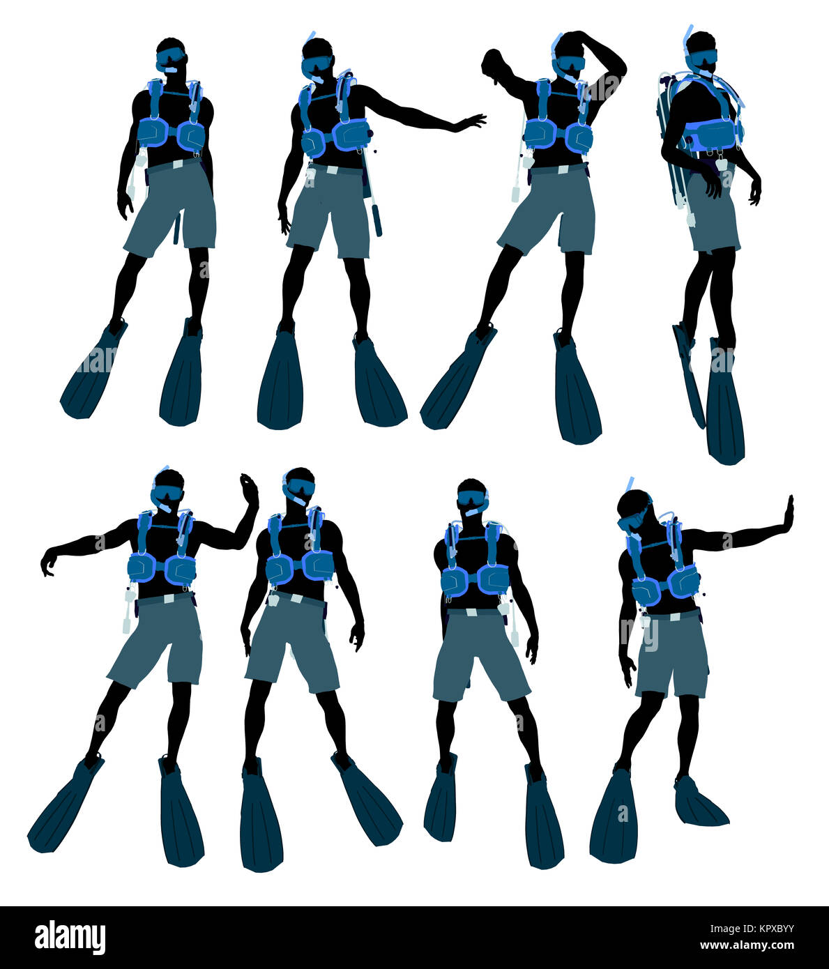 Male scuba diver art illustration silhouette on a white background ...