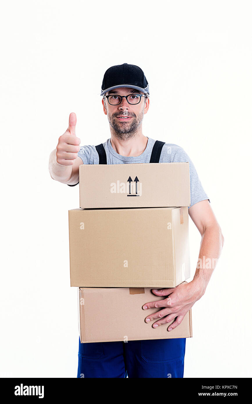 friendly postman with parcels and thumb up in front of white background ...