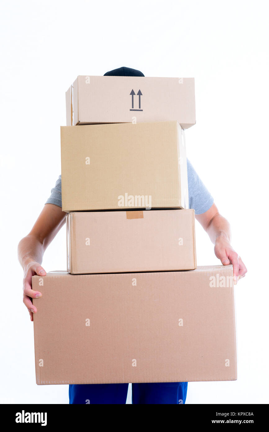 overstrained postman with parcels in front of white background Stock ...
