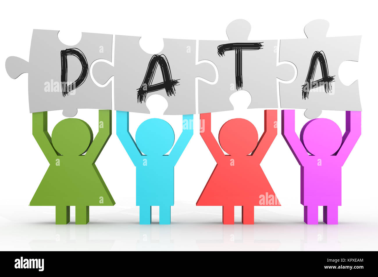 Four people hold puzzle with data word Stock Photo - Alamy