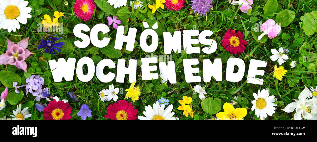 nice weekend text on flower meadow Stock Photo - Alamy