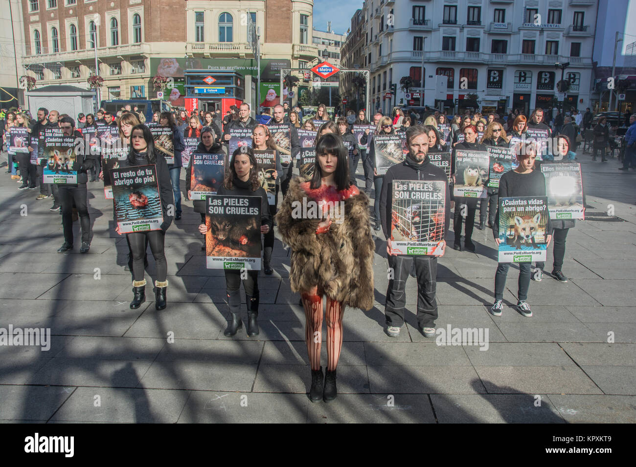 Anti-fur protest takes place on the streets of Madrid, in the square ...