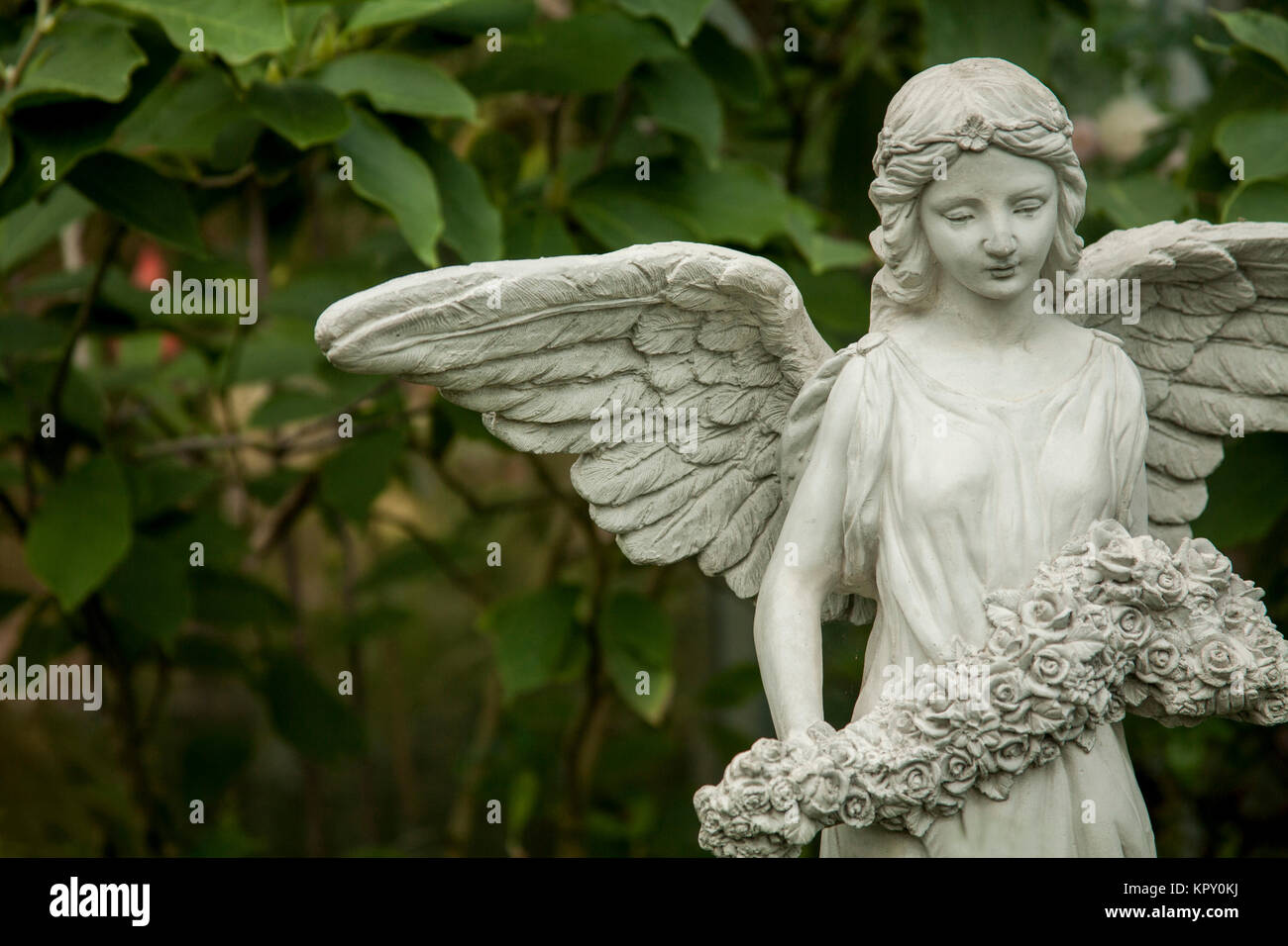 Landscaping with tropical plants / Decorated with statues of angels ...