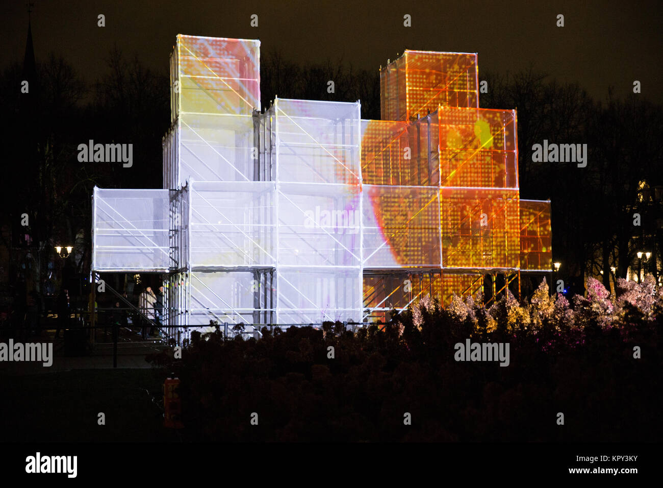 Riga, Latvia, Staro Riga festival. Art monument in Riga. 2017 Night ...