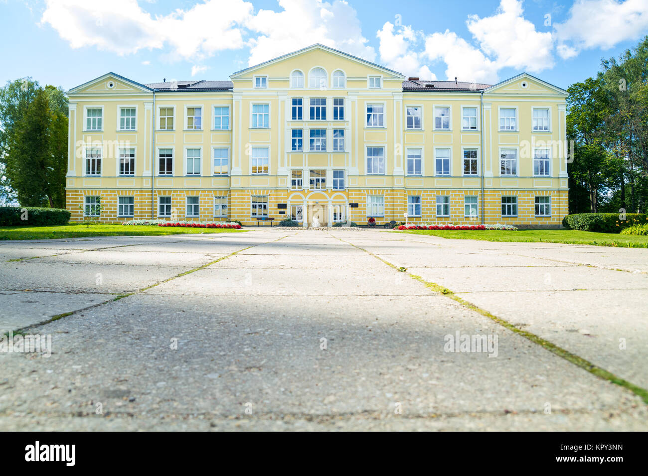 Old manor at Latvia, city Priekuli. View from garden to manor. 2015 ...