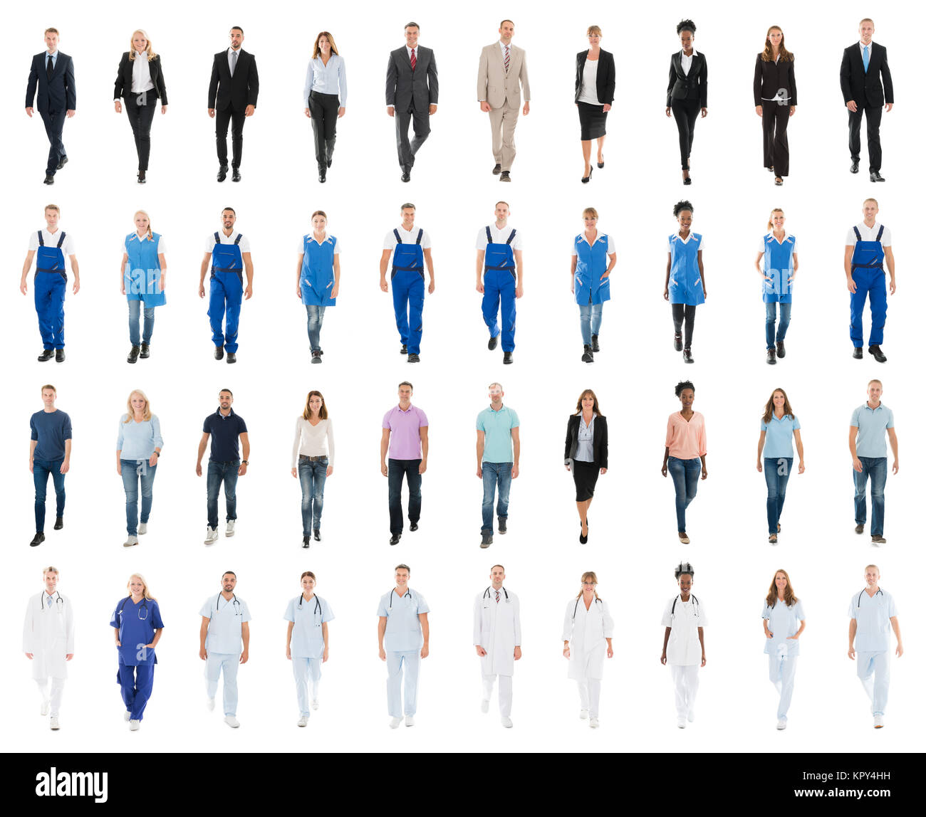 People With Various Occupation Walking Against White Background Stock ...