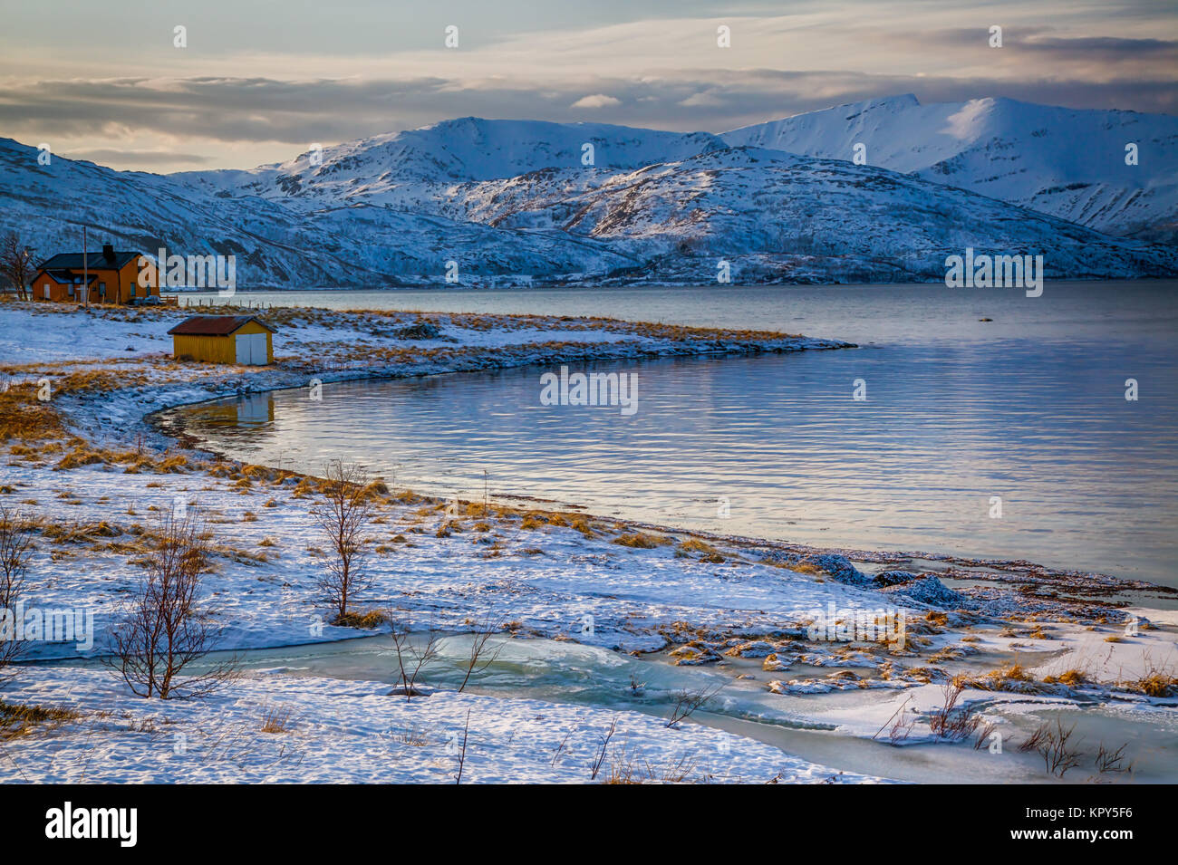 Isolated home and beach on a snowy lake Stock Photo - Alamy