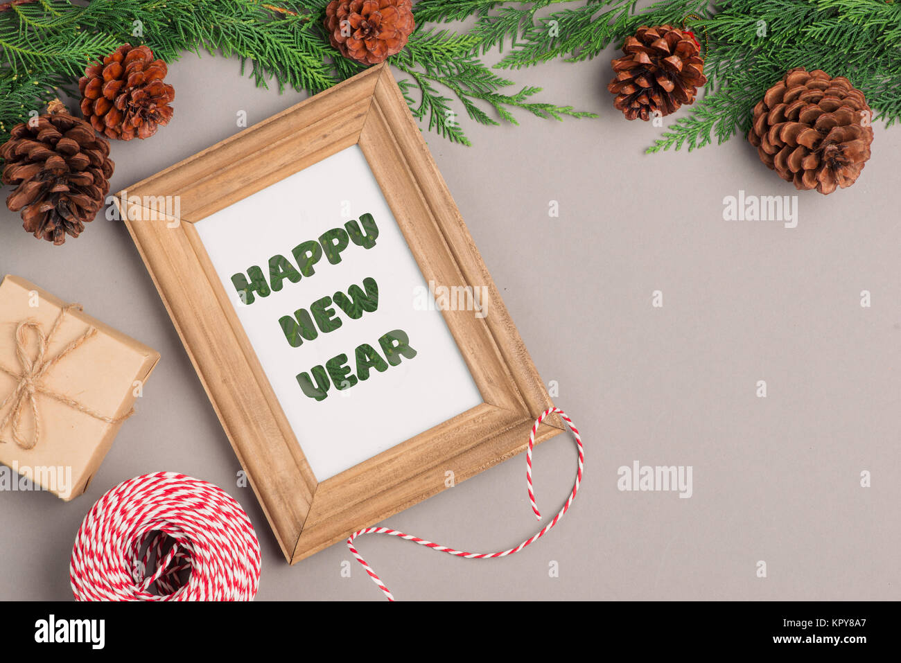 Happy New Year. Gift boxes collection wrapped in kraft paper and blank ...