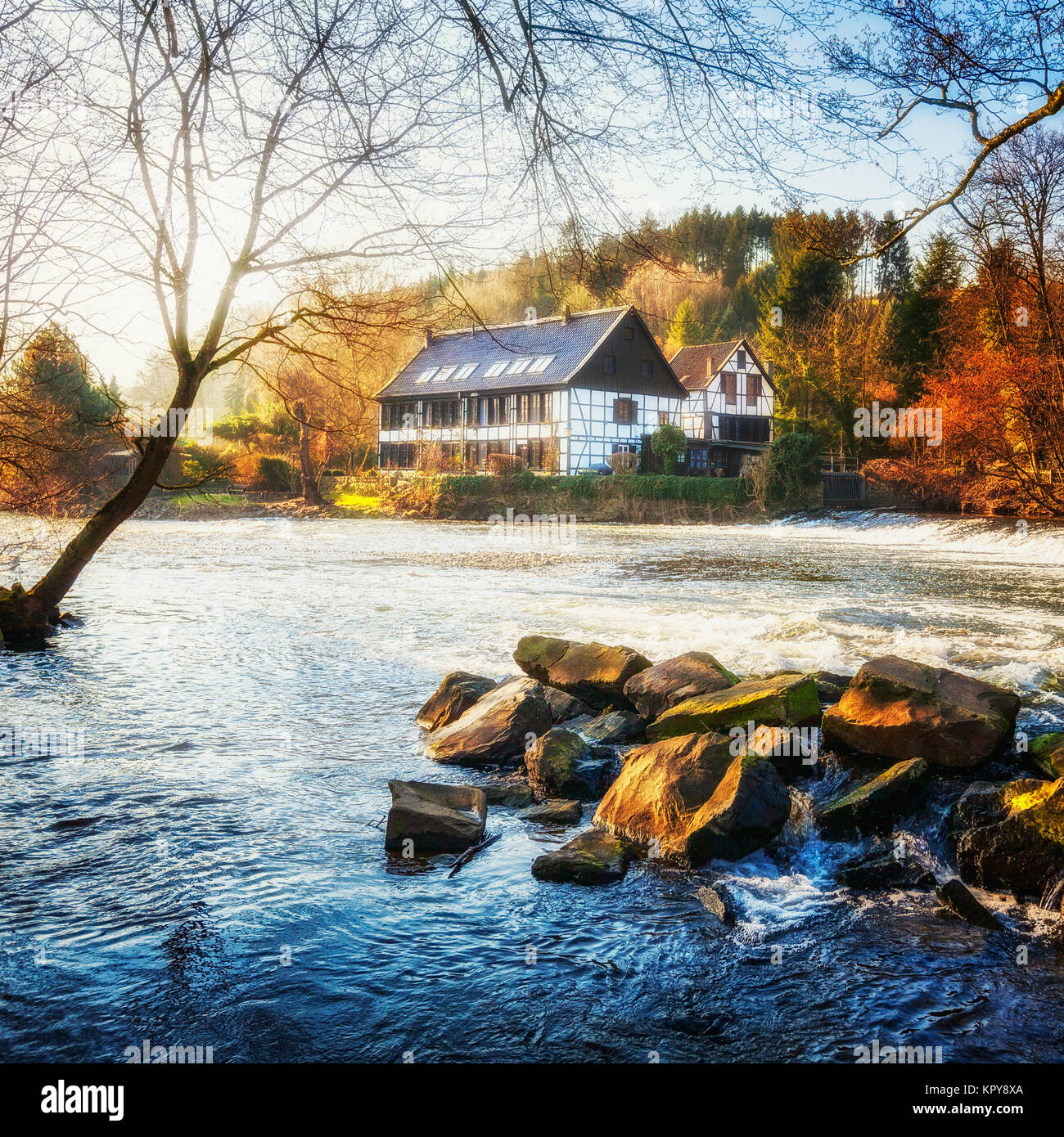 House on the river. Traditional half timbered houses in Germany Stock ...
