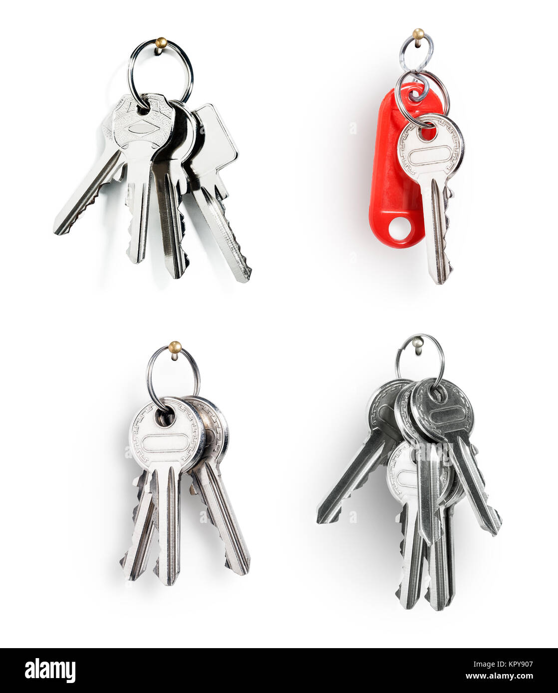 Key ring with house door keys collection isolated on white background ...