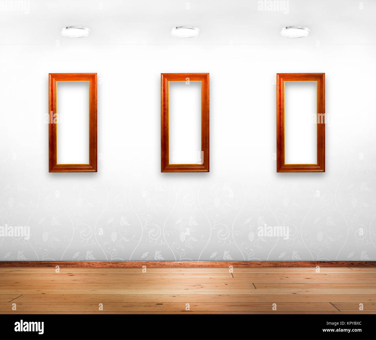 White wall with wallpaper and three wooden frames Stock Photo - Alamy