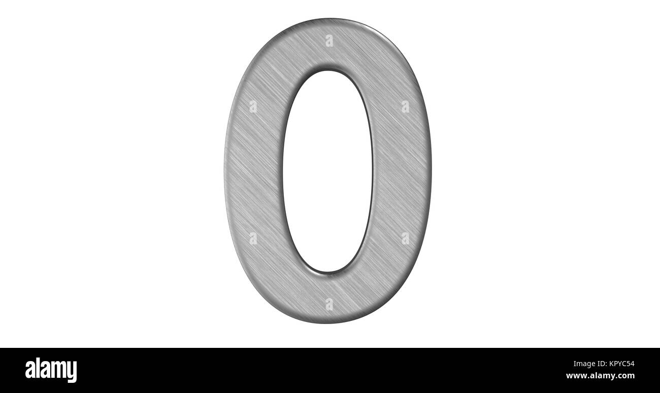 The 3d rendering of the letter 0 in brushed metal on a white isolated ...
