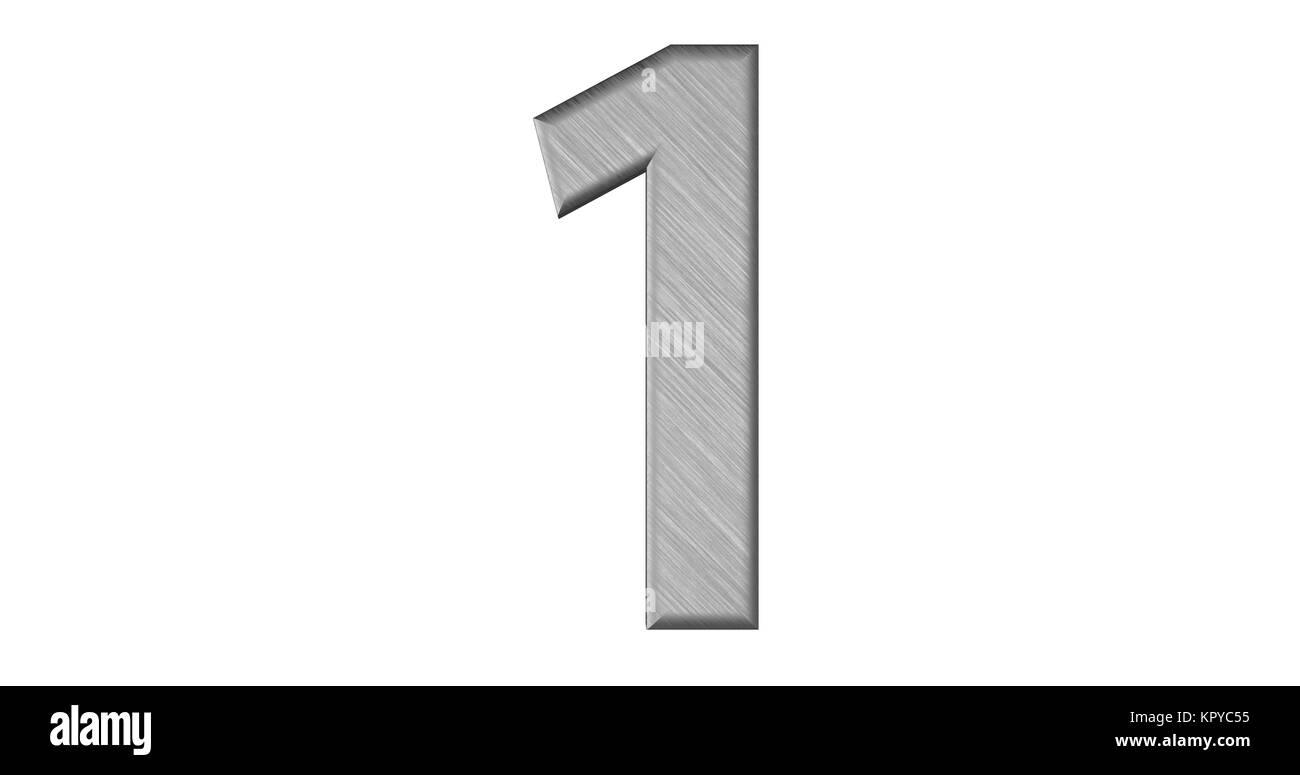 The 3d rendering of the letter 1 in brushed metal on a white isolated ...