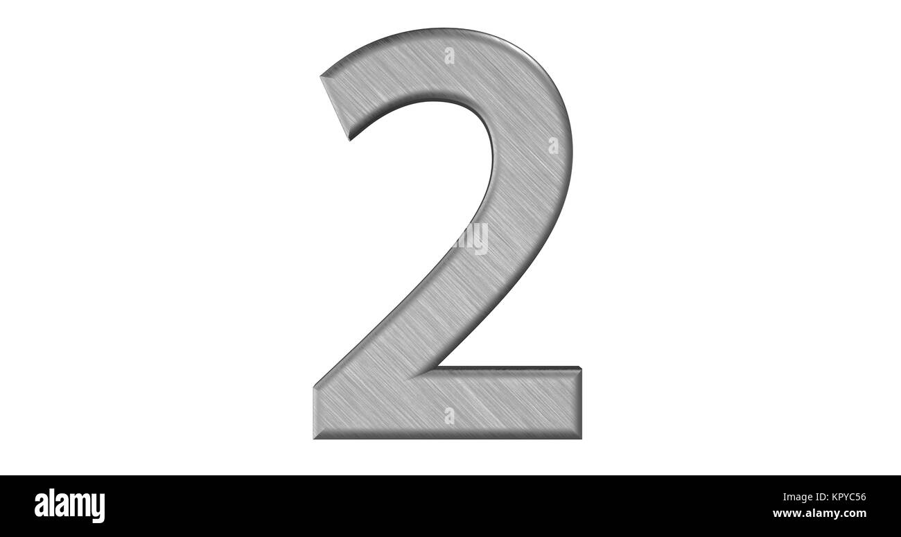 The 3d rendering of the letter 2 in brushed metal on a white isolated ...