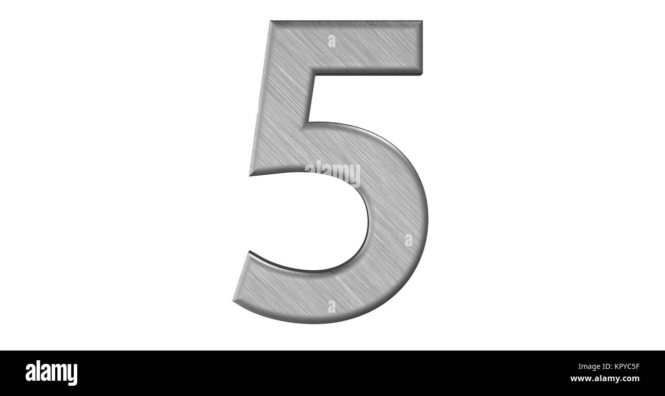 The 3d rendering of the letter 5 in brushed metal on a white isolated ...