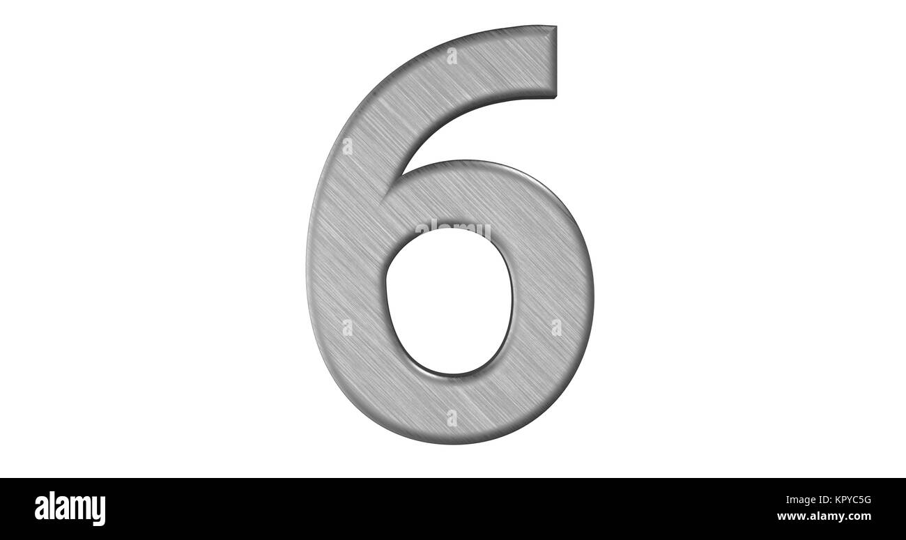 The 3d rendering of the letter 6 in brushed metal on a white isolated ...
