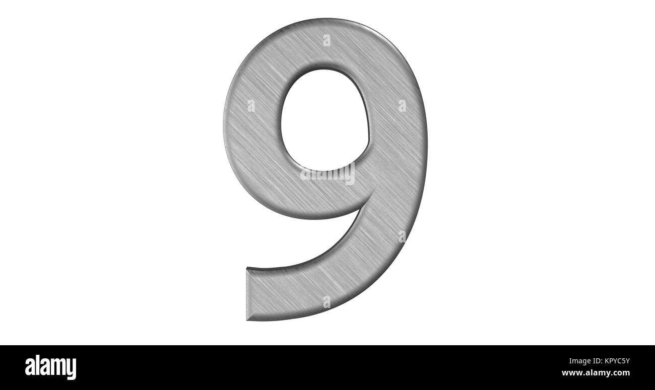 The 3d rendering of the letter 9 in brushed metal on a white isolated ...