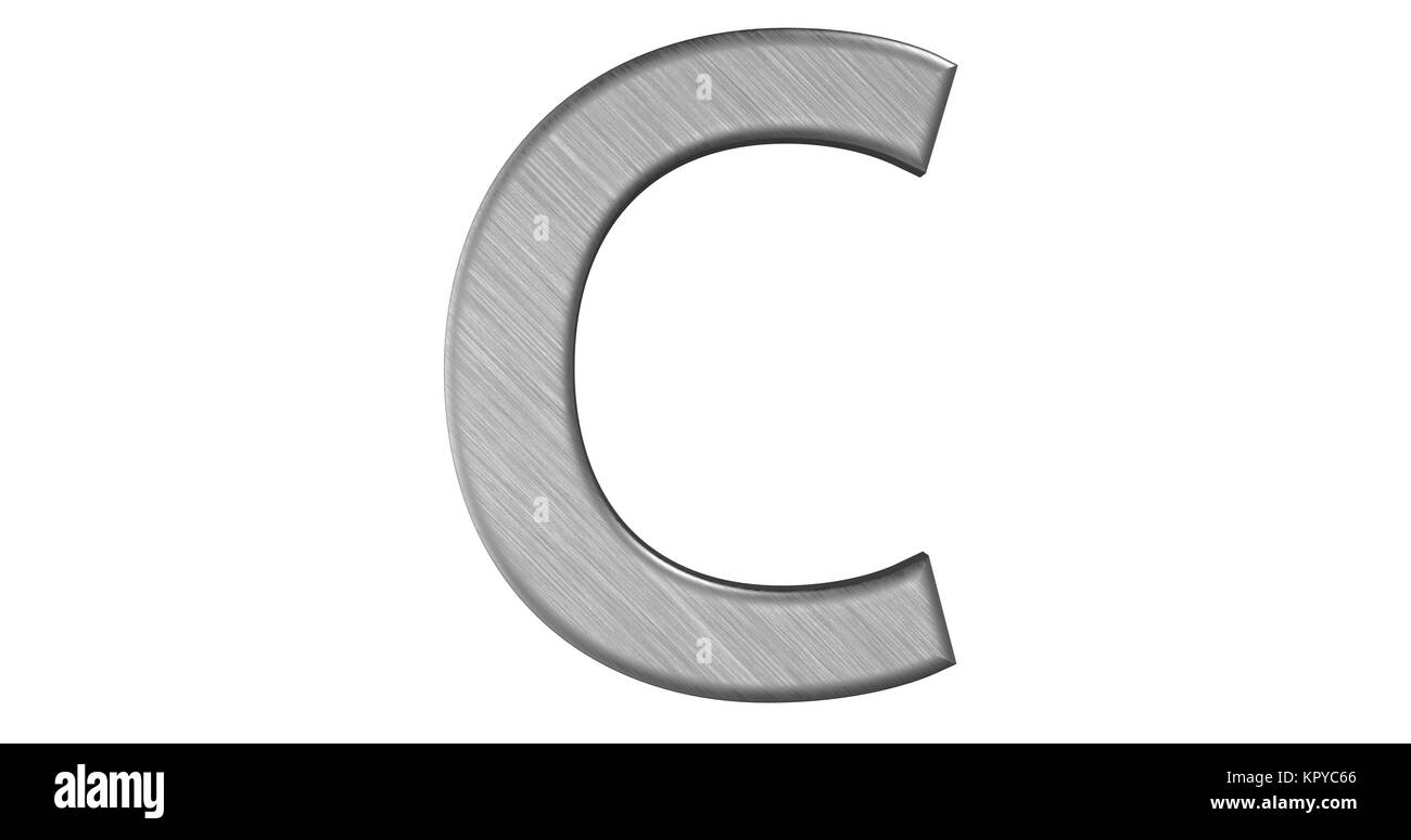 The 3d rendering of the letter C in brushed metal on a white isolated ...