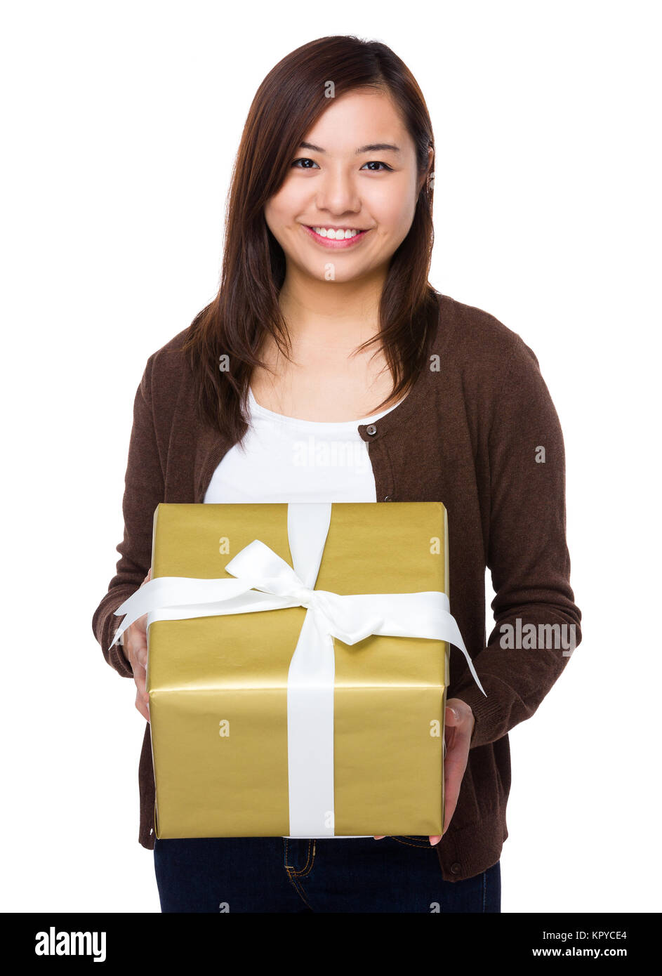 Young Woman hold with present box Stock Photo - Alamy