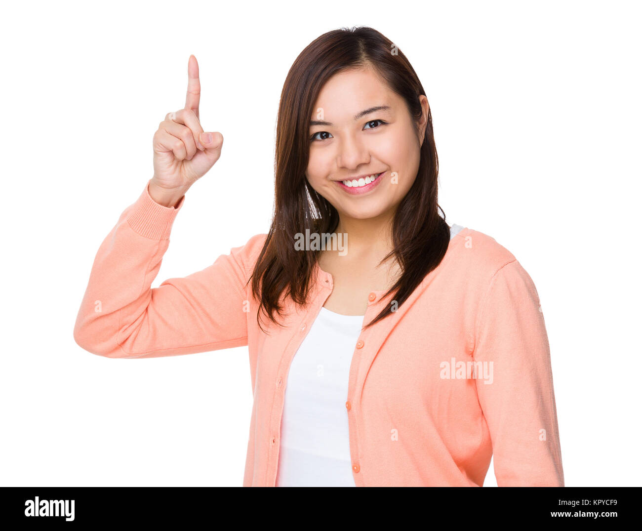 Young woman showing finger point up Stock Photo - Alamy