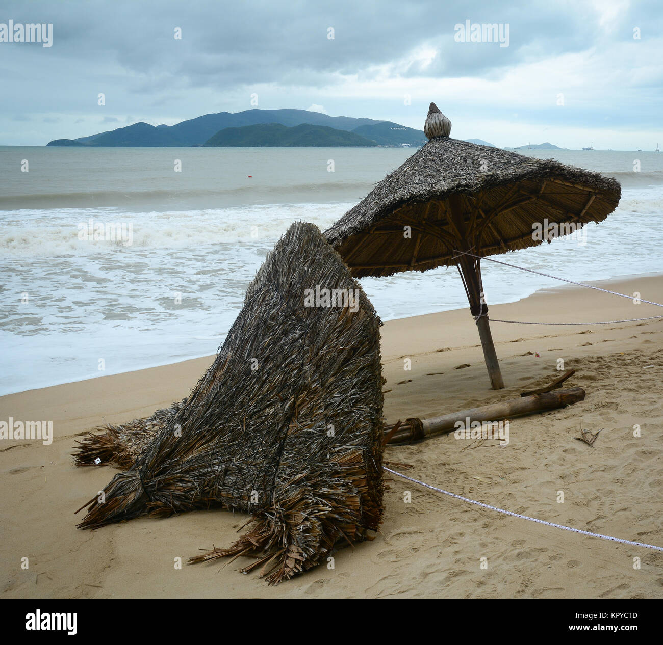 Fallen umbrellas due to storm or hurricane damage in Nha Trang, Vietnam ...