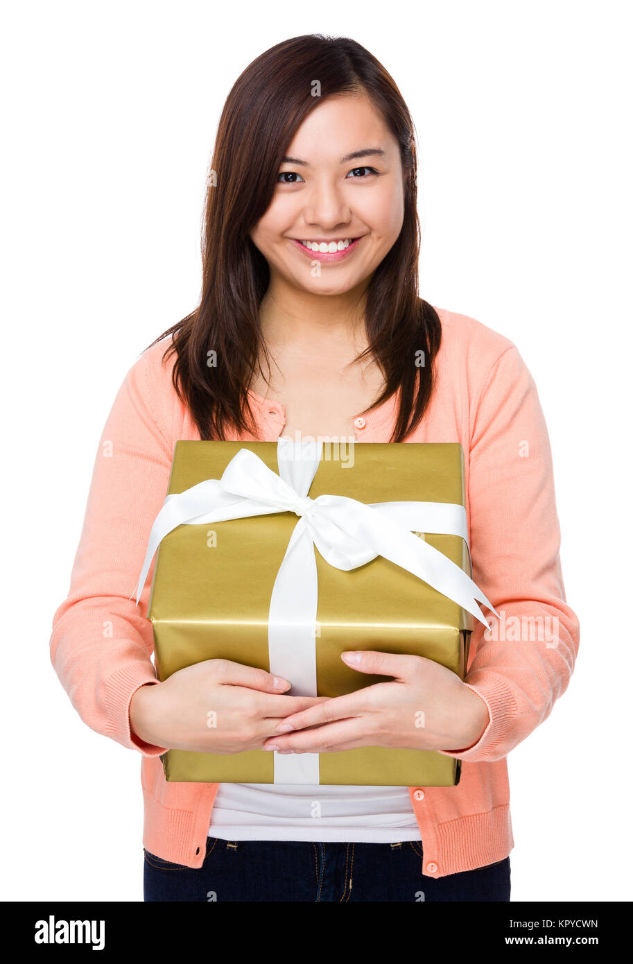 Young Woman hold with present box Stock Photo - Alamy