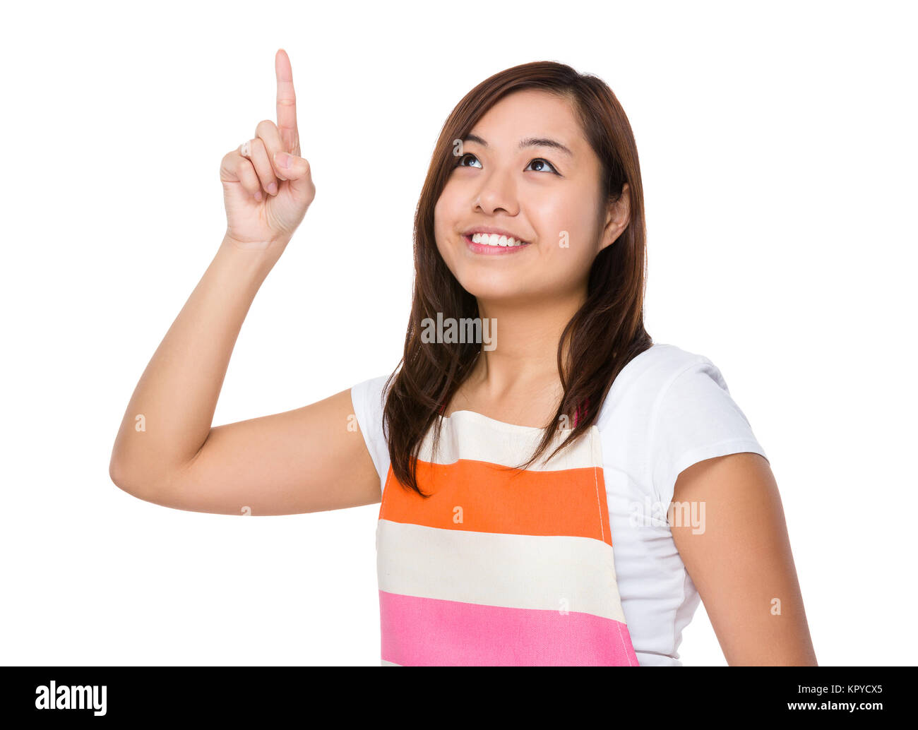 Asian young housewife tocuh on imaginary panel Stock Photo - Alamy