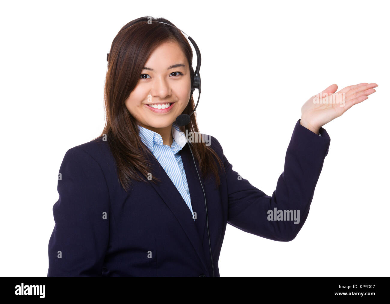 Customer services representative with open hand palm Stock Photo - Alamy