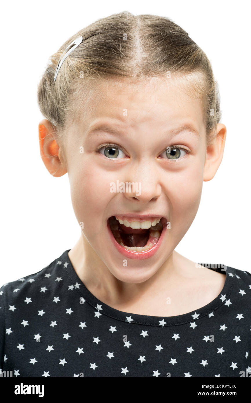 Emotion, girl screaming on white background isolated Stock Photo - Alamy