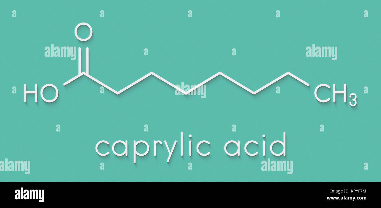 Caprylic (octanoic) acid molecule. Common saturated medium-chain fatty ...