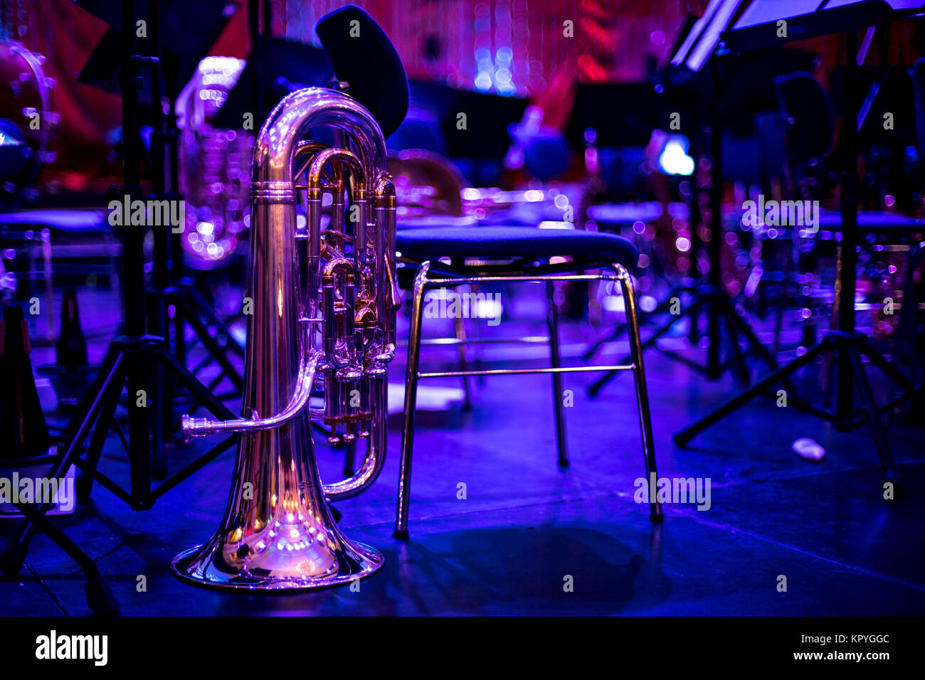 A tuba rests among United States Air Forces in Europe Band equipment on ...