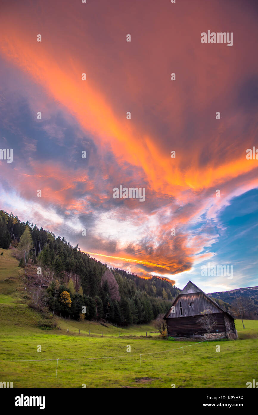 Old Barn in Alpine Landscape in Austria at Sunset Stock Photo - Alamy