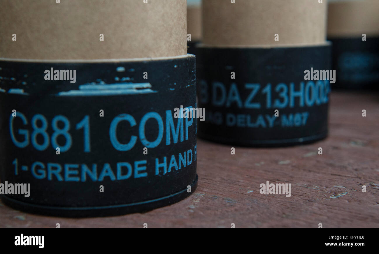 M67 fragmentation grenades are staged for live fire training at Kraft ...