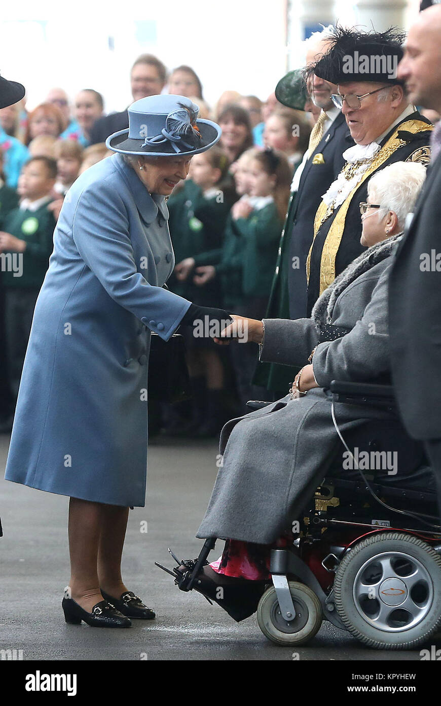 Queen Elizabeth II is seen arriving by train during her visit to ...