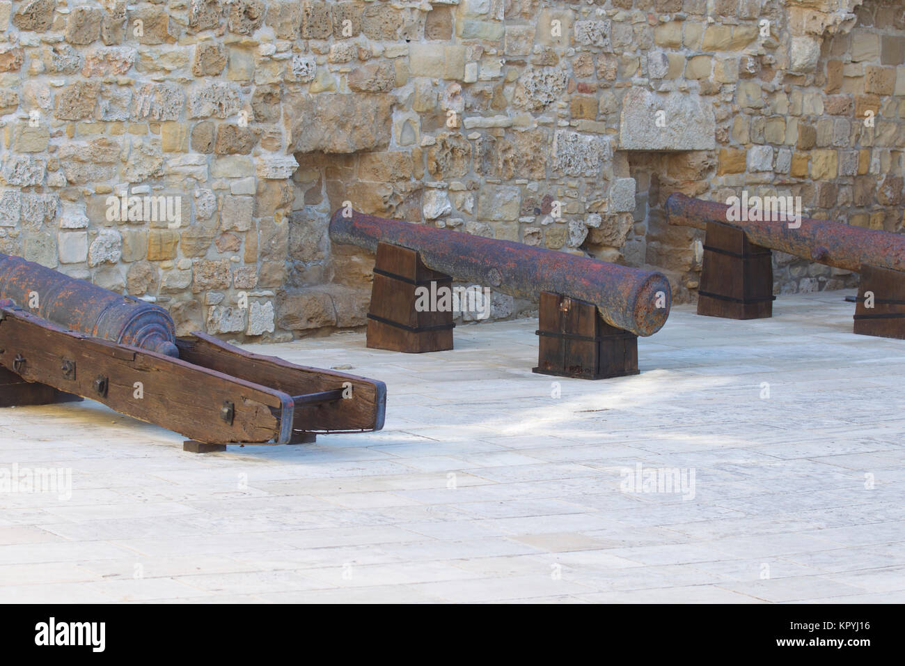 Ancient cannons of defense weapons in the old fortress, the island of ...