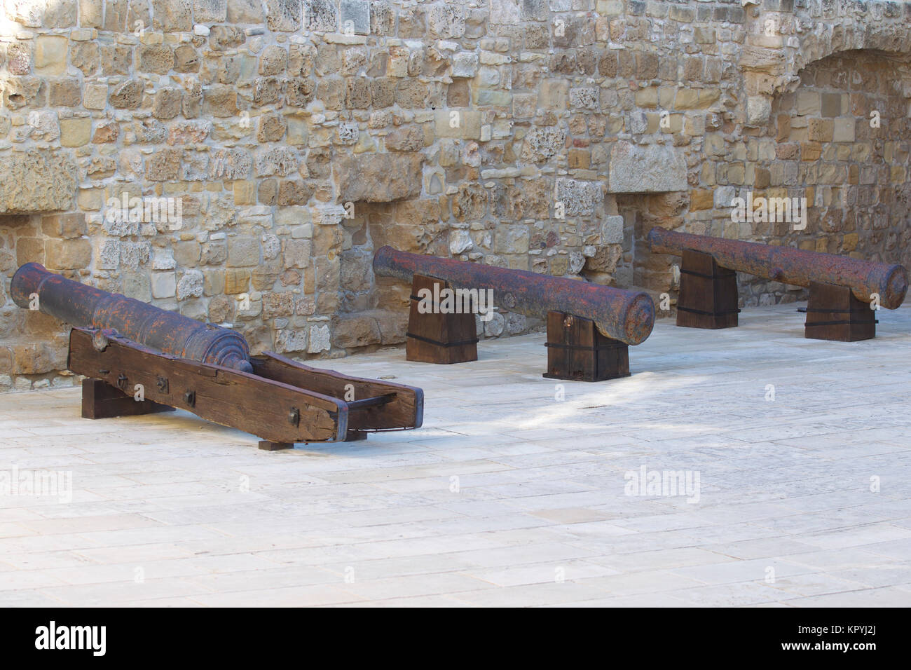 Ancient cannons of defense weapons in the old fortress, the island of ...