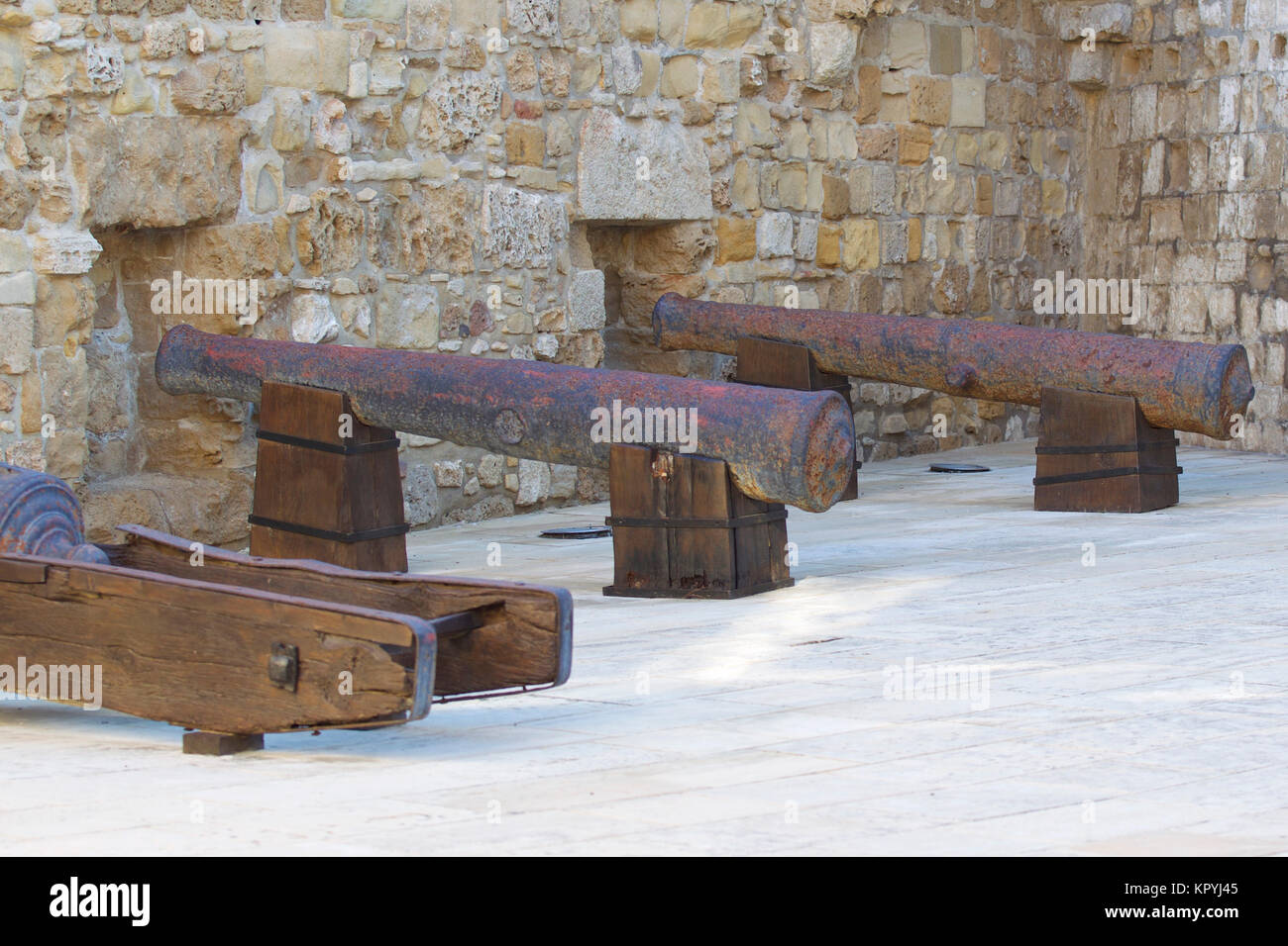 Ancient cannons of defense weapons in the old fortress, the island of ...