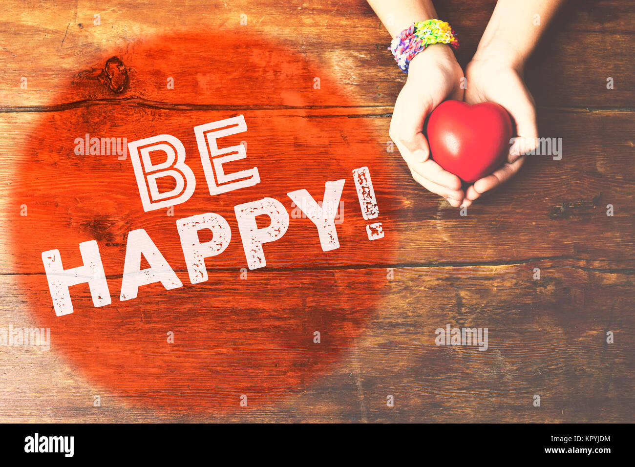 be happy exclamation printed on vintage wooden board with red heart ...