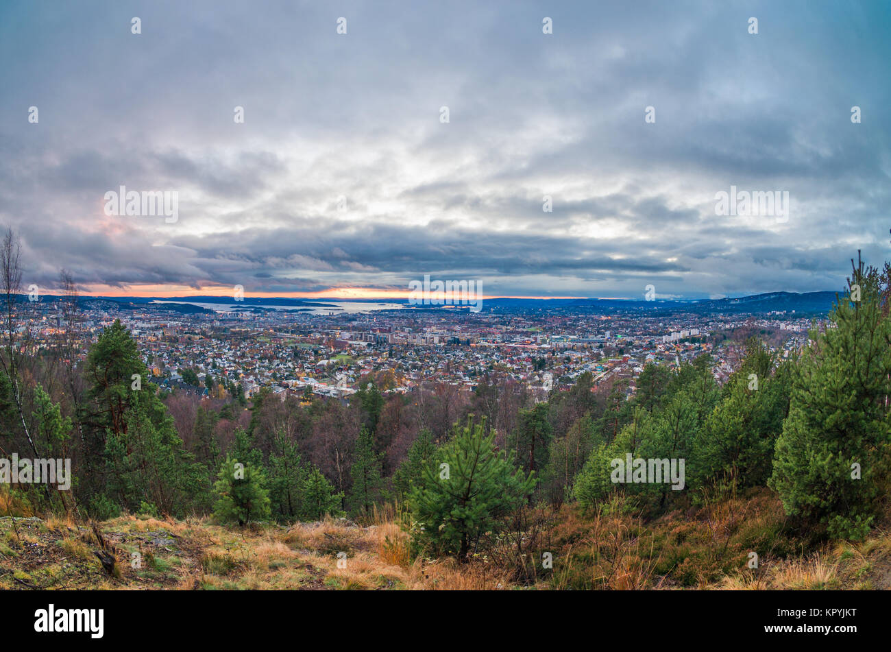 General panoramic elevated view of Oslo with Oslo fjord and colorfull ...