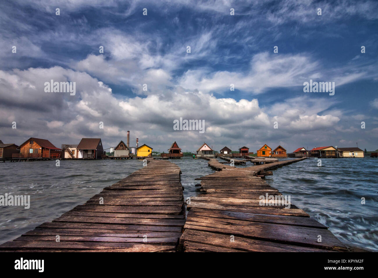 Bokod floating village with piers and fishing wooden cottages, at Lake ...