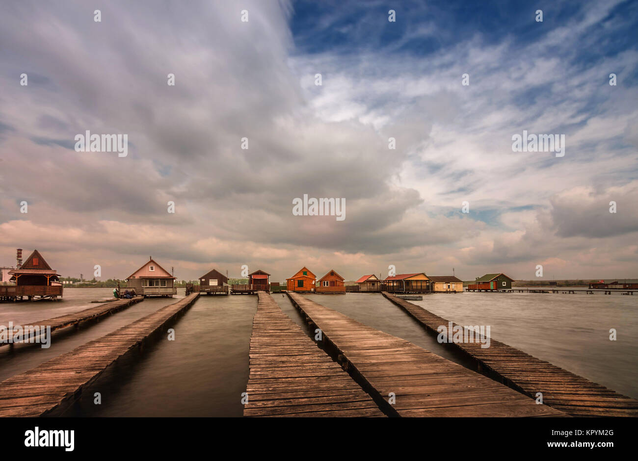 Bokod floating village with piers and fishing wooden cottages, at Lake ...