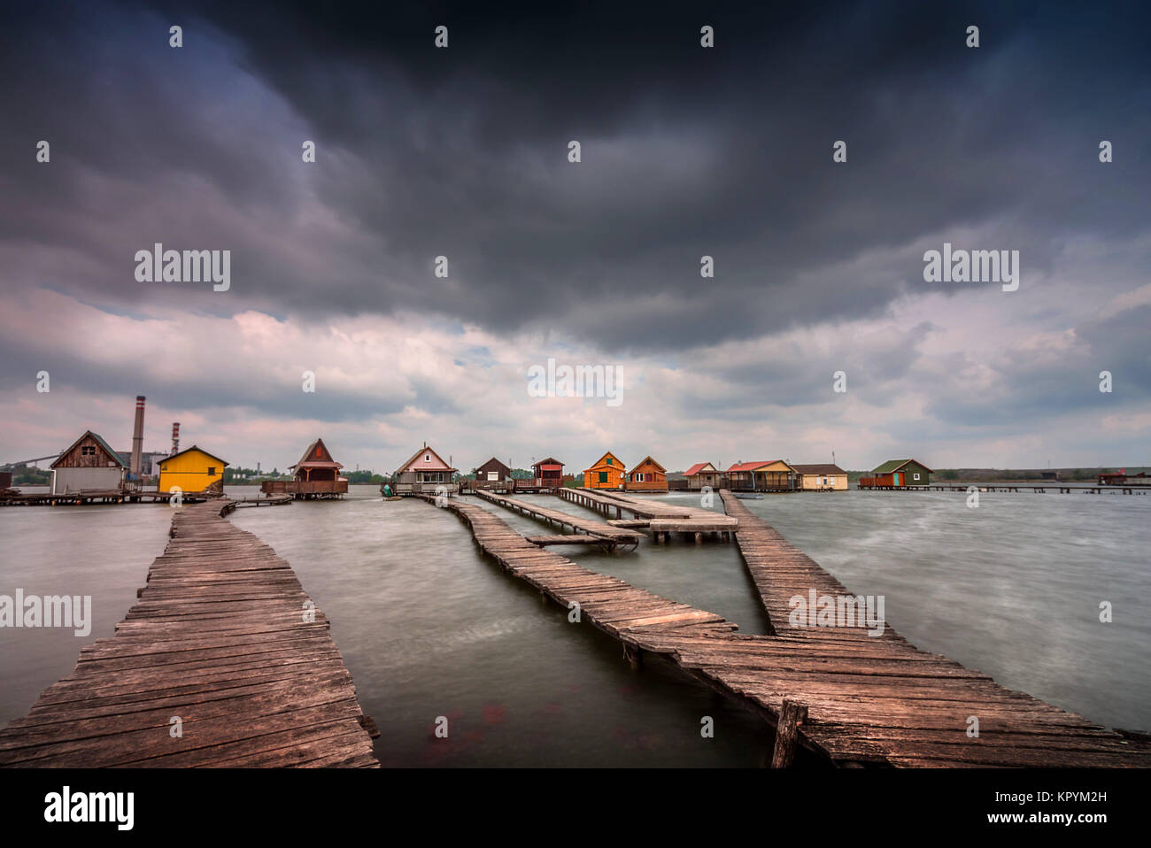 Bokod floating village with piers and fishing wooden cottages, at Lake ...